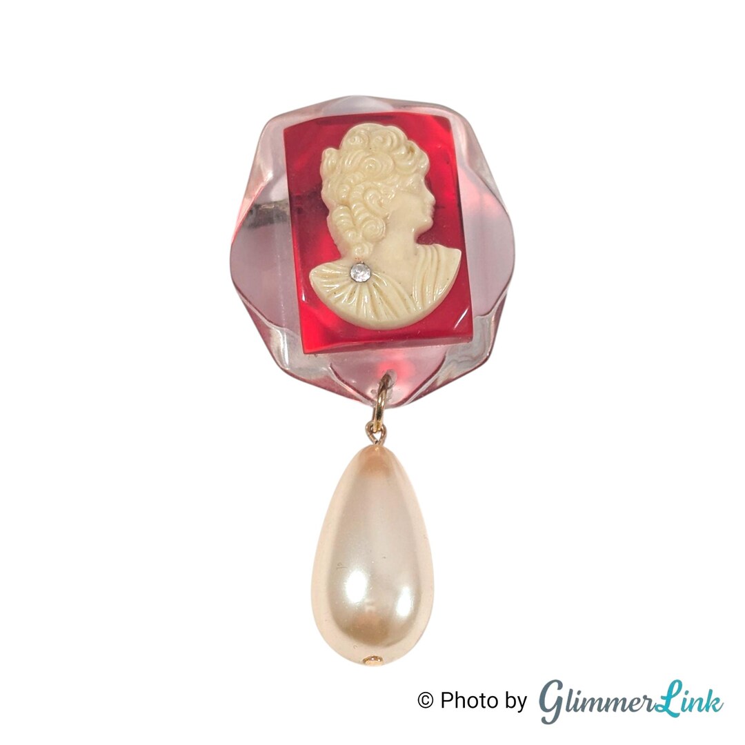 Vintage Lucite Celluloid Cameo Brooch With Pearl Drop & Rhinestone ...