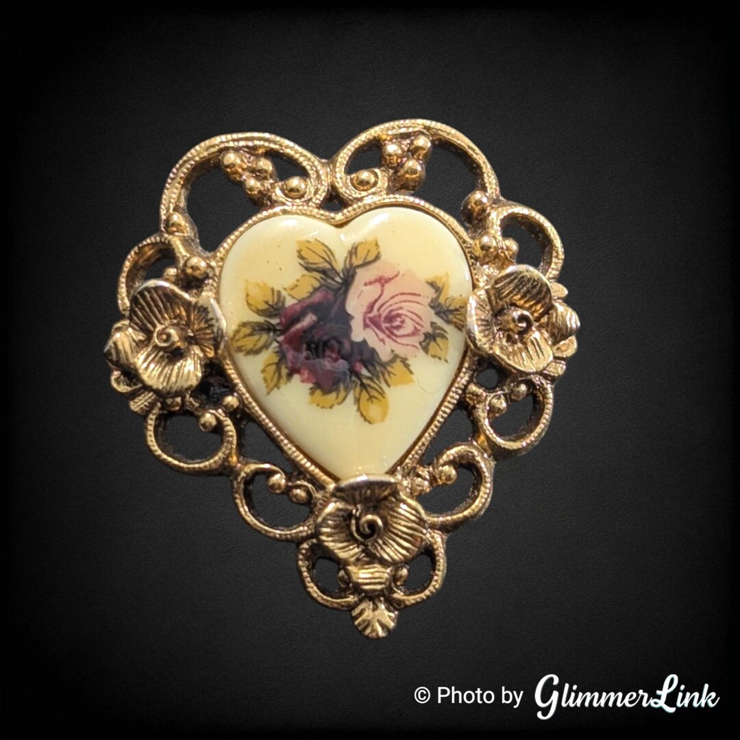 Vintage 1928 Co Victorian Style Heart Roses Filigree Gold Tone Brooch ...