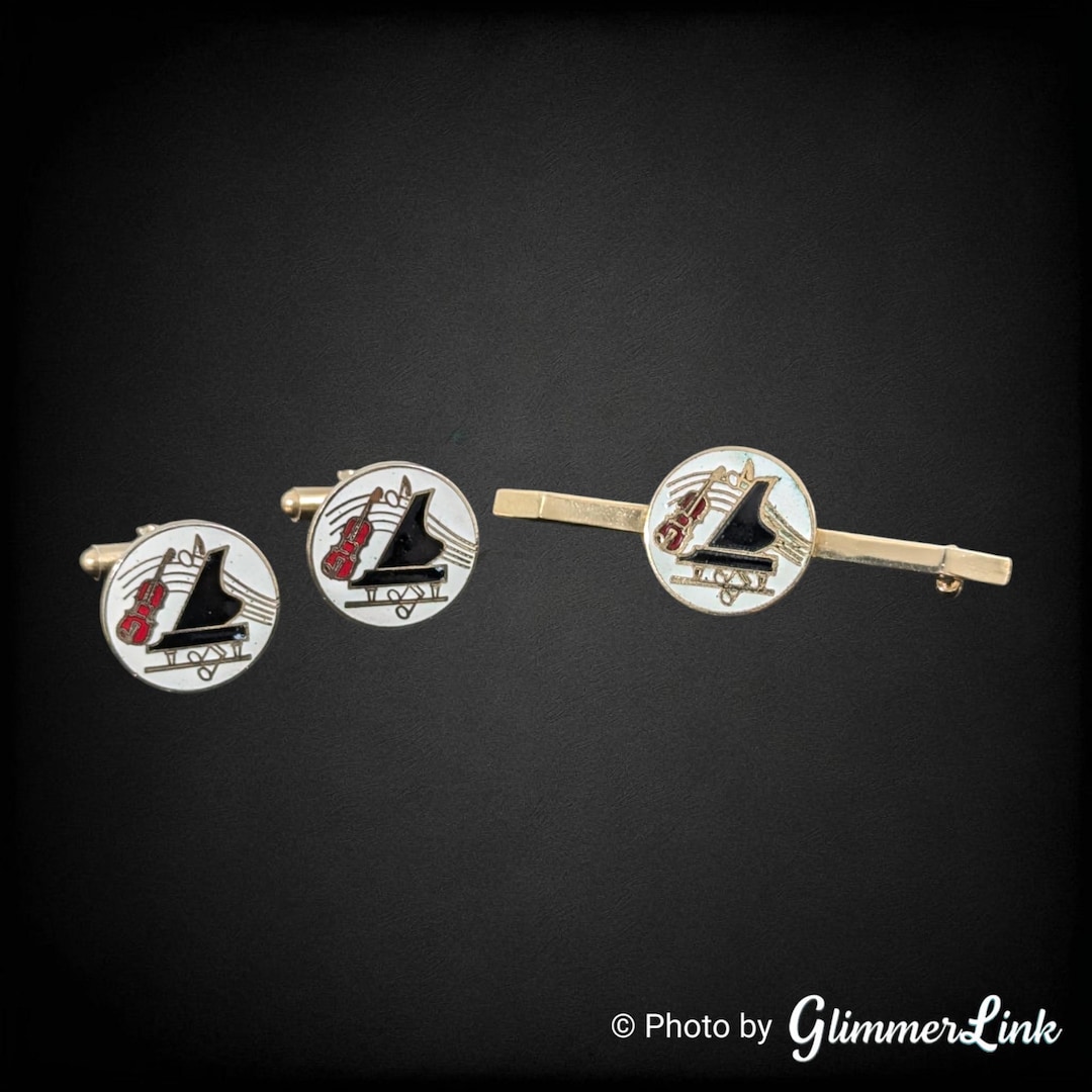 Vintage Music Themed Cello Piano Enamel Cufflinks & Bar Brooch Set ...