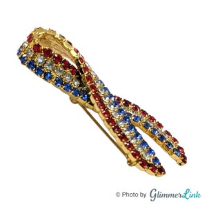 Vintage Patriotic Red White Blue Rhinestone Awareness Ribbon Bow Brooch ...