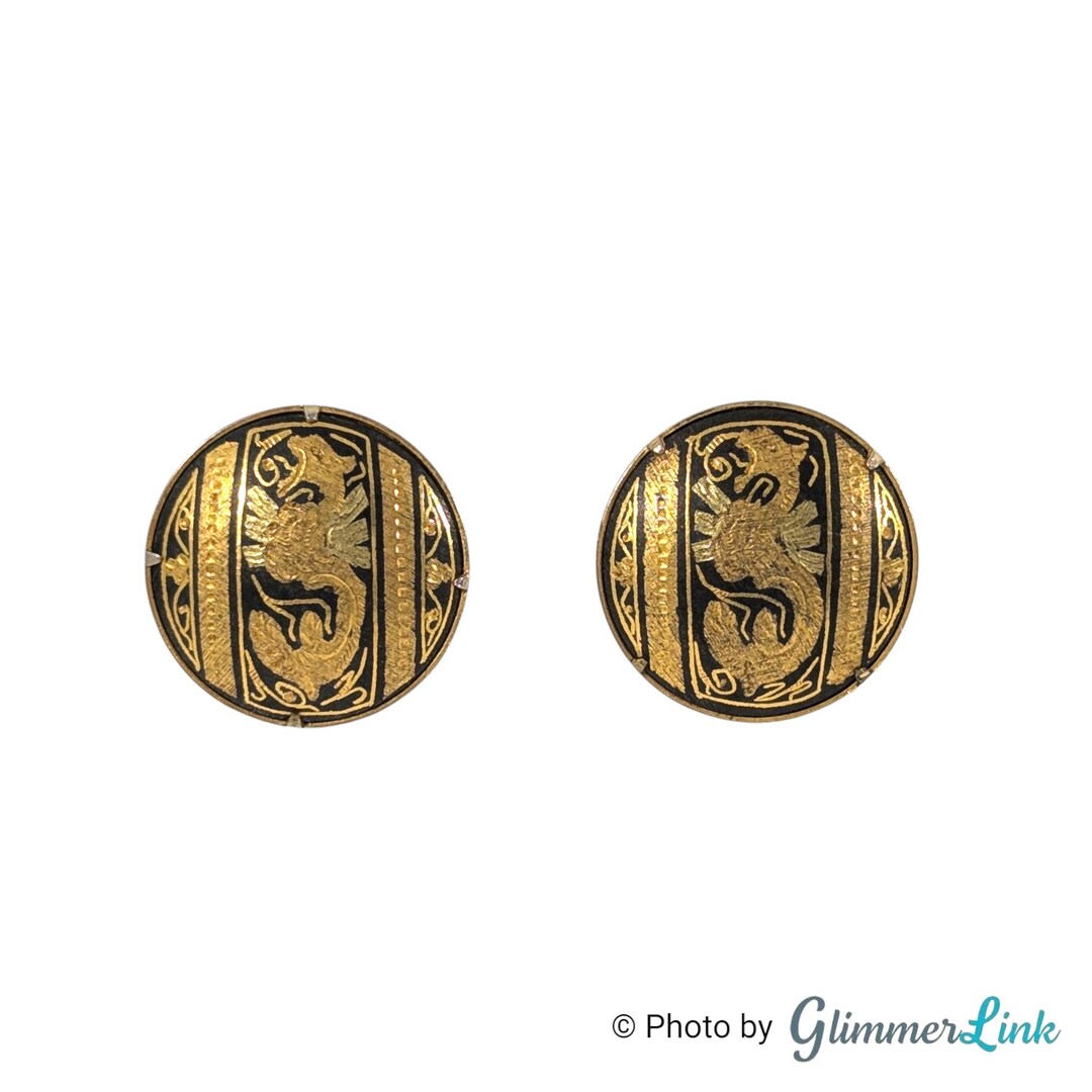 Vintage Damascene Dragon Round Button Gold Tone Clip on Earrings - Etsy