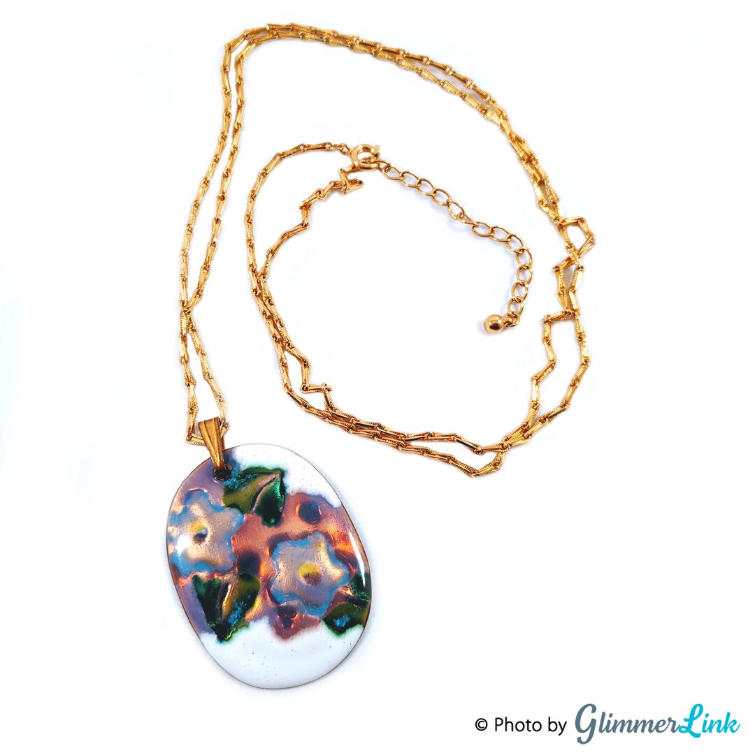 Vintage Hand Painted Copper Floral Pendant Necklace - Etsy