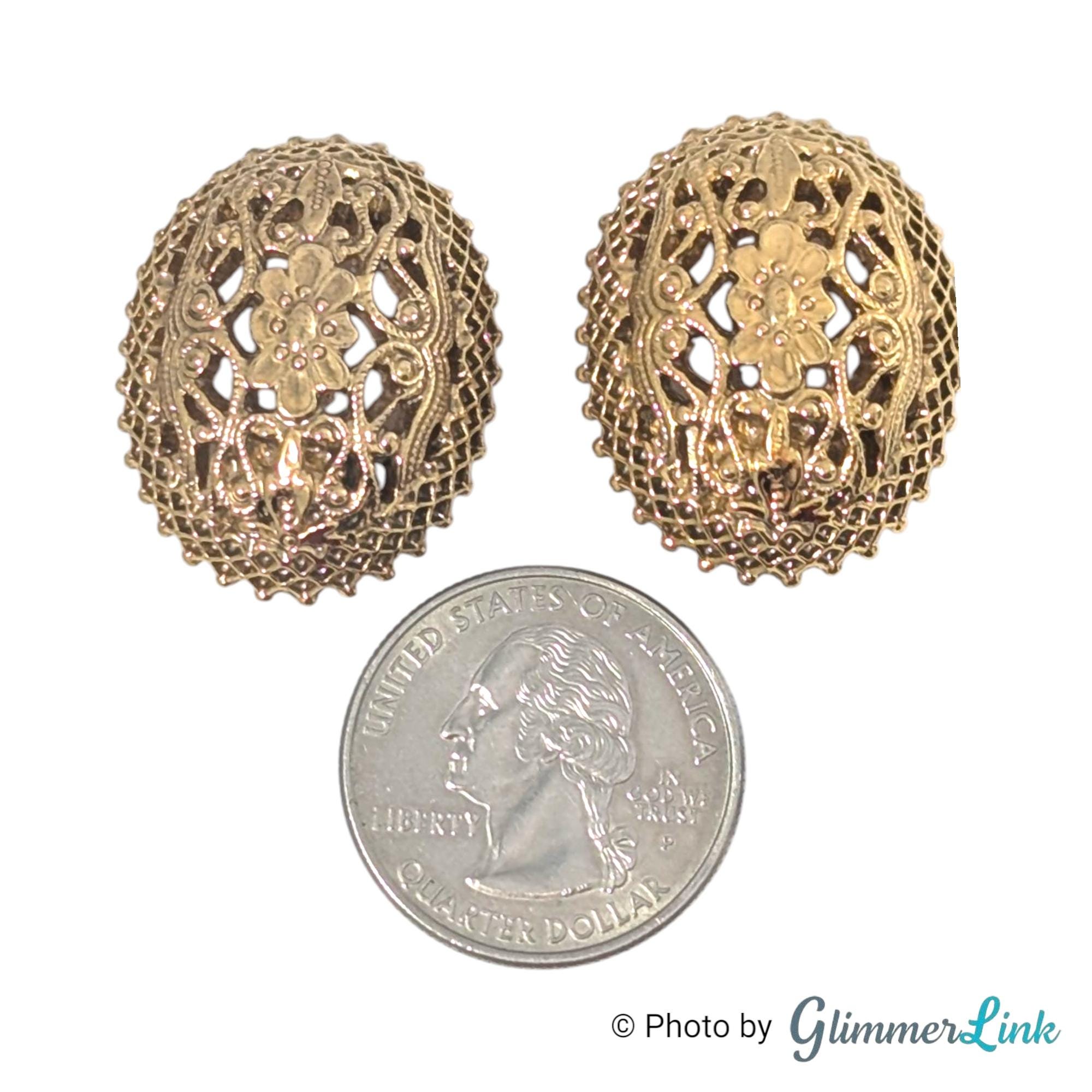Vintage 1928 Co Oval Floral Filigree Lattice Dome Gold Tone Clip on ...