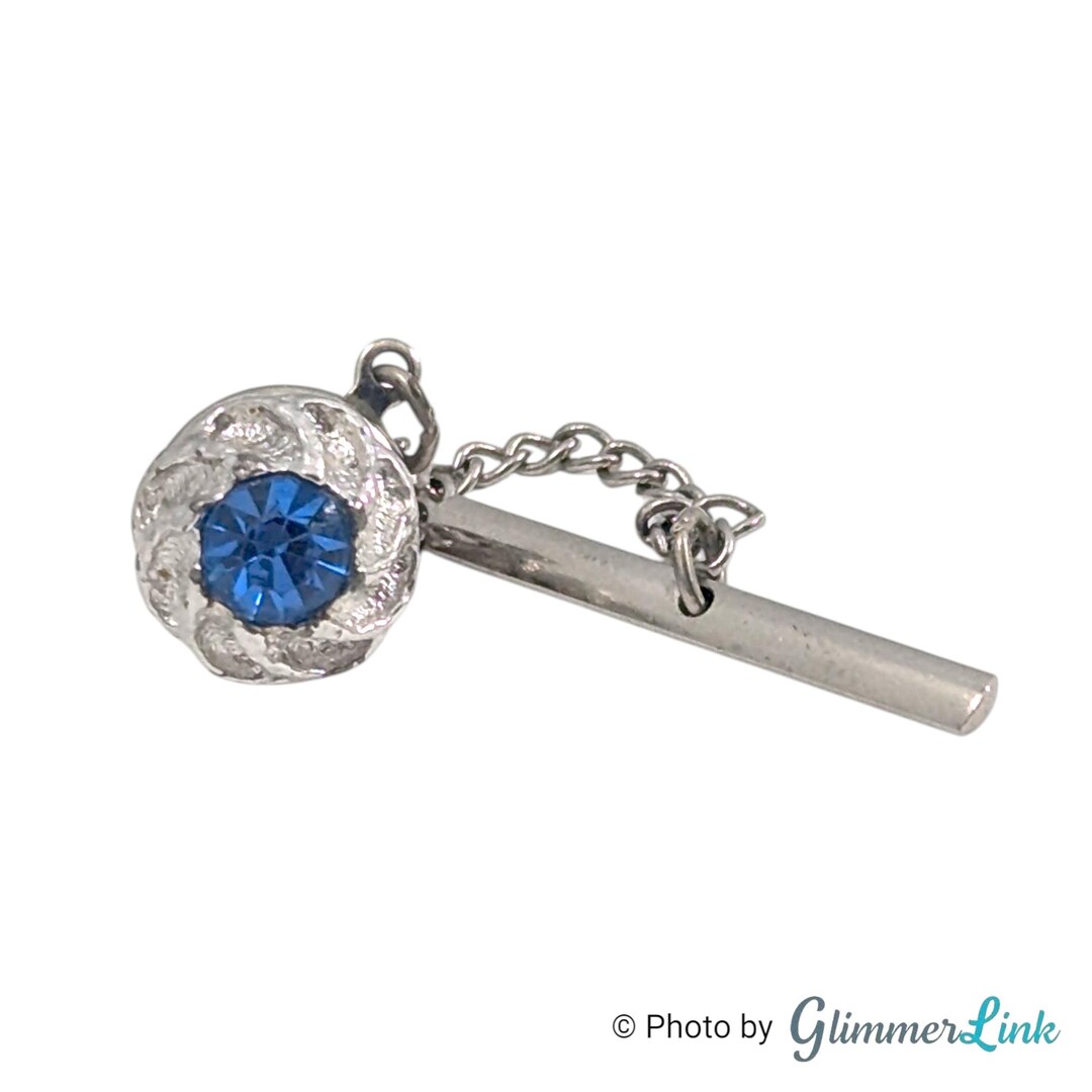 Vintage Swank Silver Tone Tie Pin Tack Blue Rhinestone Mid Century Men ...