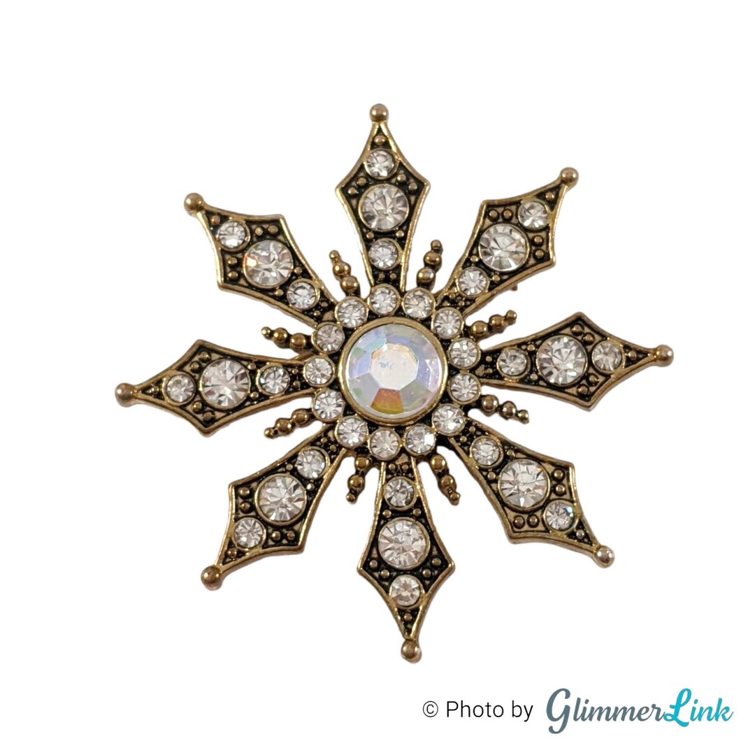 Vintage KC Snowflake Rhinestones Gold Tone Holiday Winter Christmas ...
