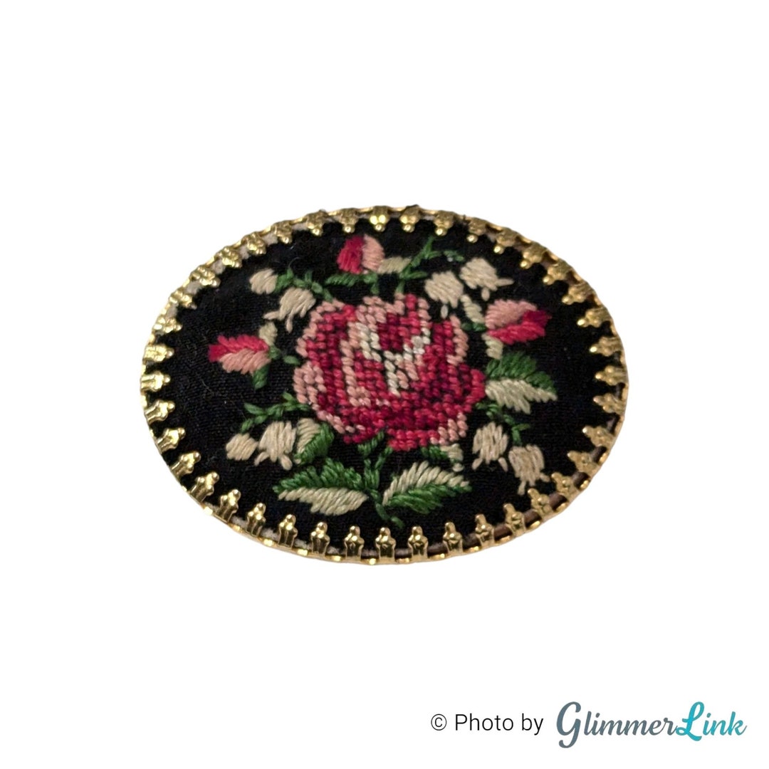 Vintage Floral Red Roses Petit Point Embroidered Oval Gold Tone Brooch ...