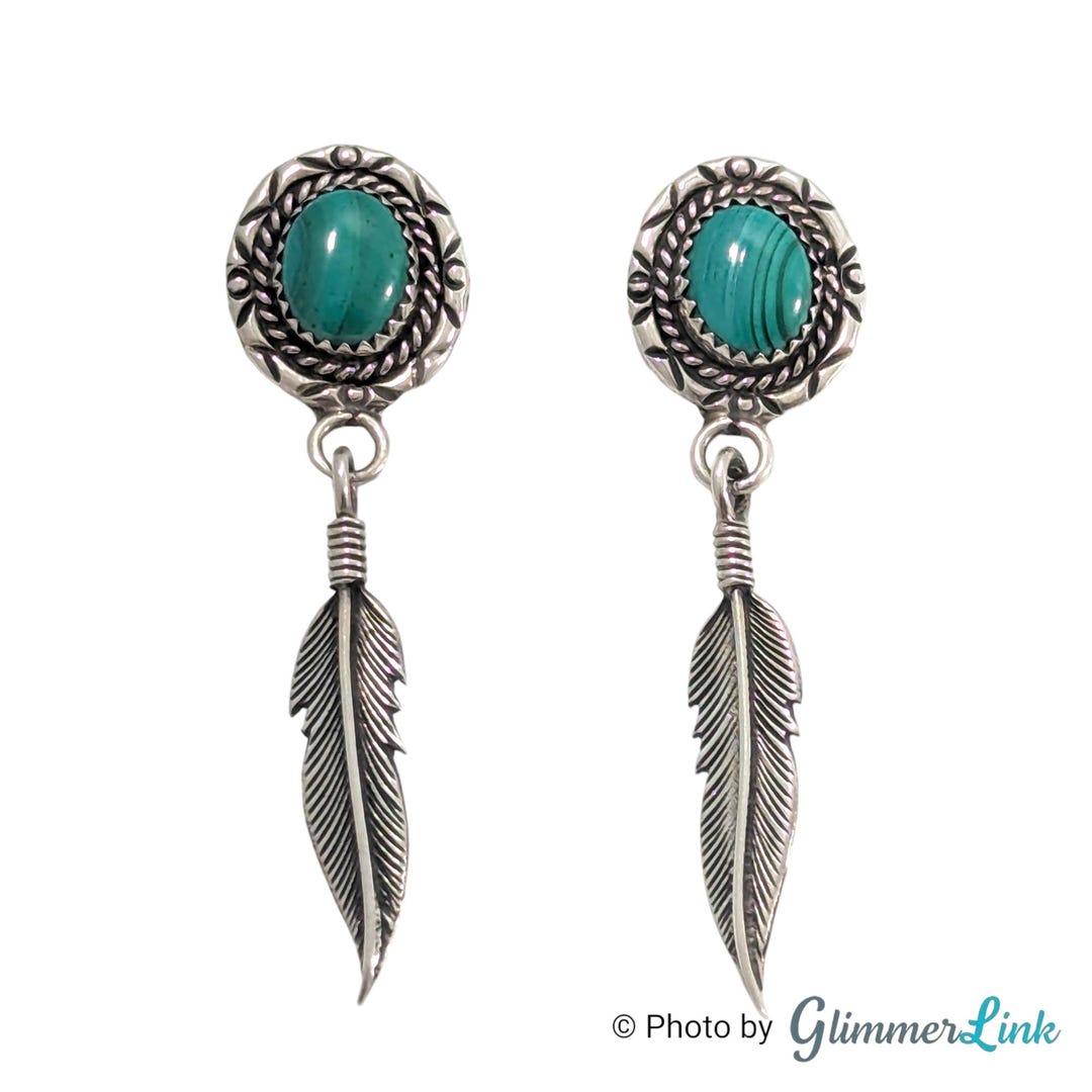 Vintage Bobby Lujan Taos Pueblo Sterling Silver Malachite Feather ...