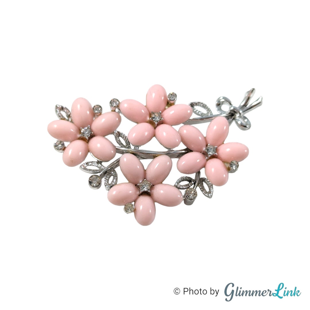 Vintage 1960s Lisner Pink Lucite Floral Rhinestone Silver Tone Brooch ...