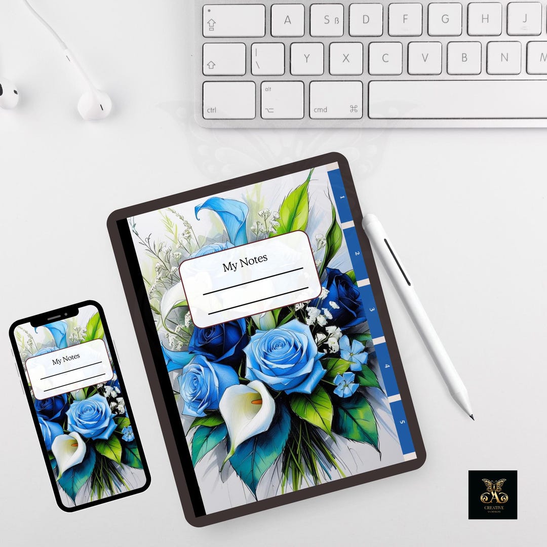 Blue Floral Digital Notebook, 5 Subject Tabs, Hyperlinked Notes Journal ...