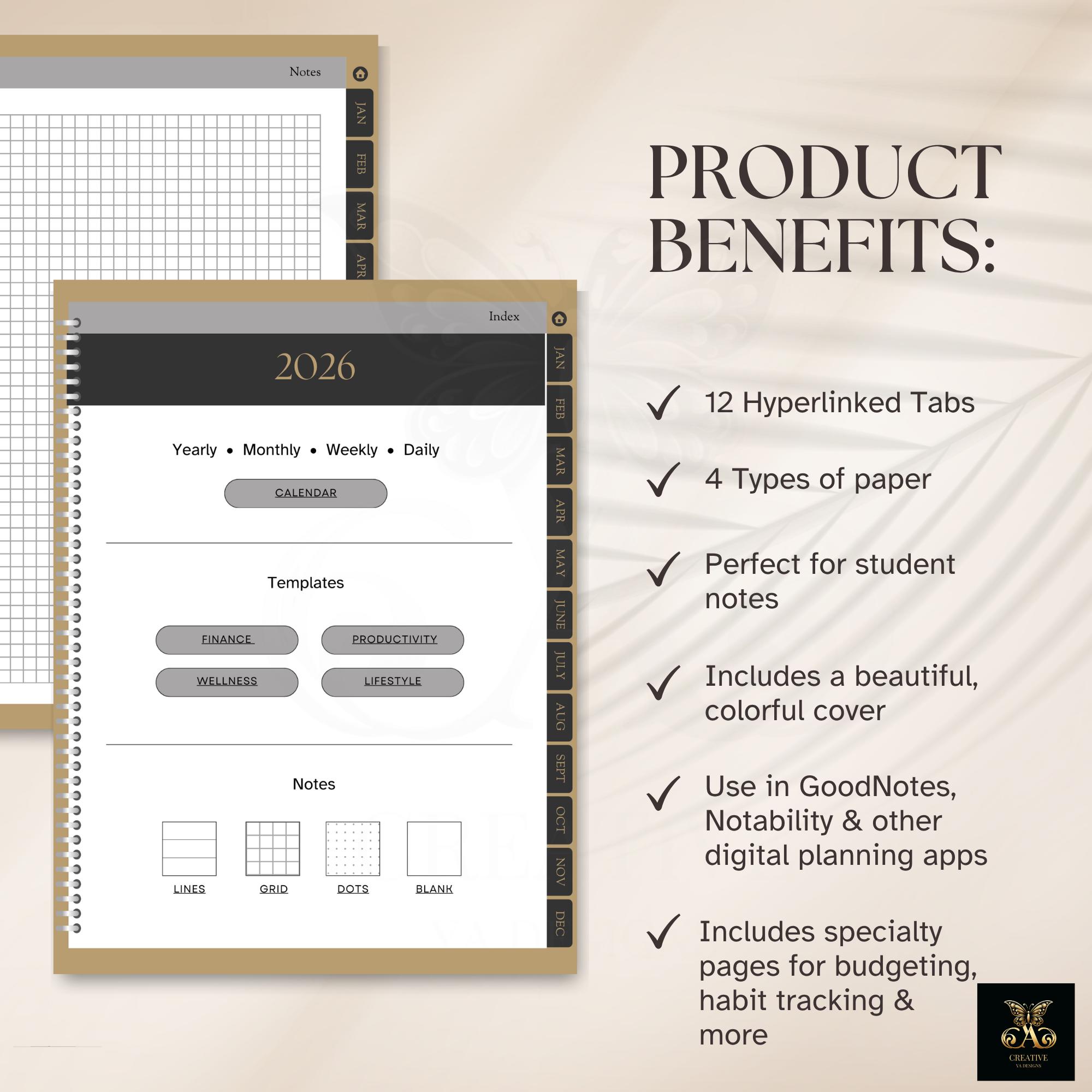 2026 Black Luxe Digital Planner | 12 Tab Dated Monthly & Daily ...