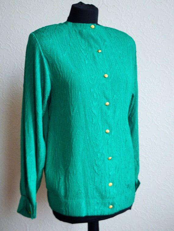 80s emerald green textured crepe-feel blouse by Winds… - Gem