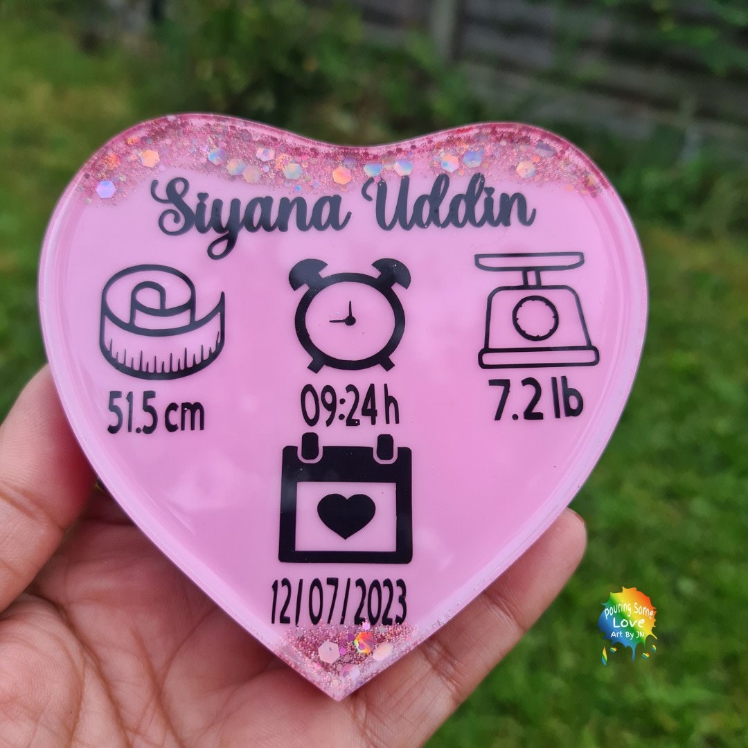 Personalised Birth Stat Resin Heart, Birth Keepsake, Information ...