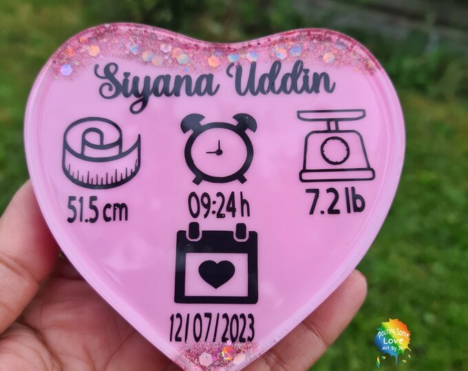 Personalised Birth Stat Resin Heart, Birth Keepsake, Information ...
