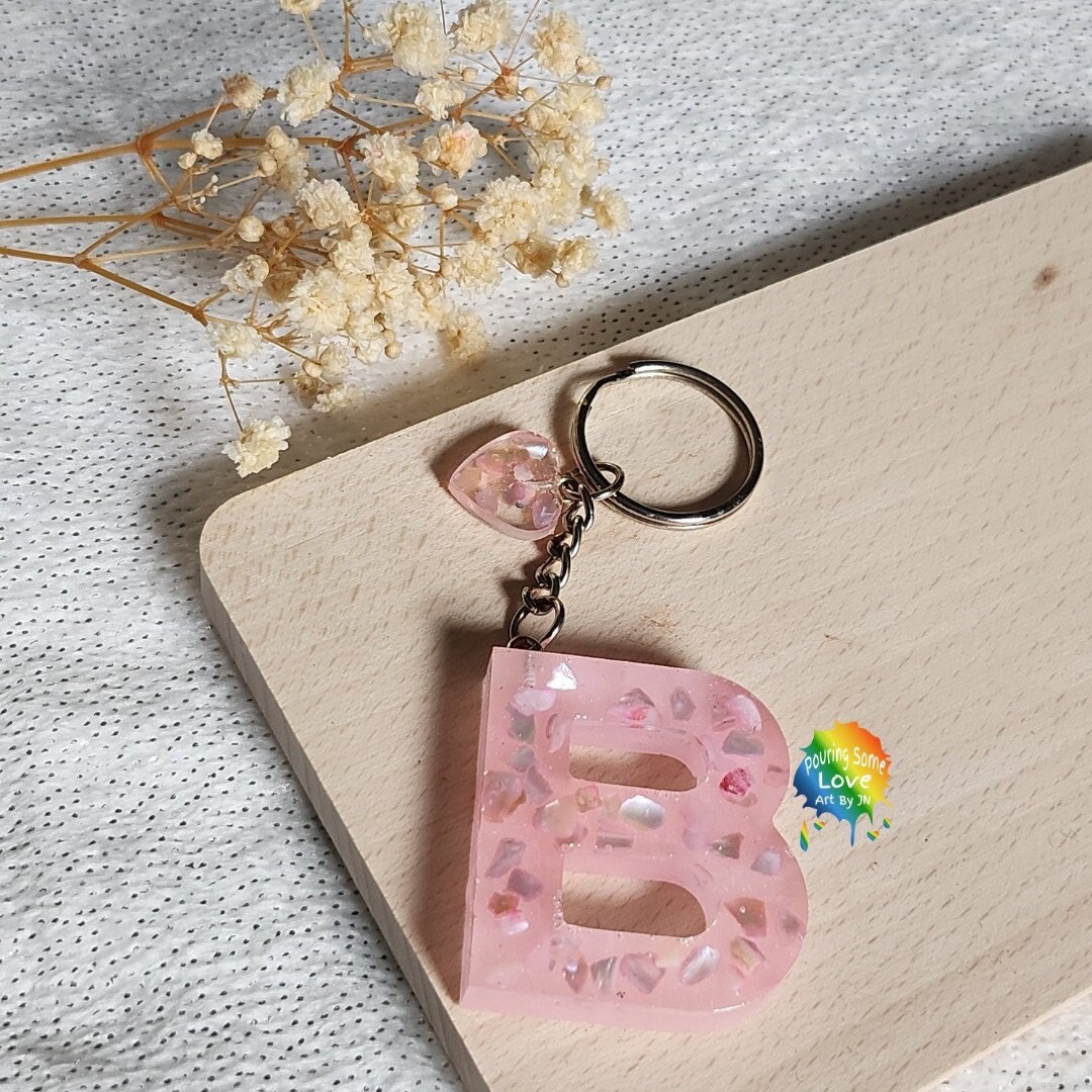 Personalised Pink Shell Initial Resin Keyring, Custom Letter Resin ...