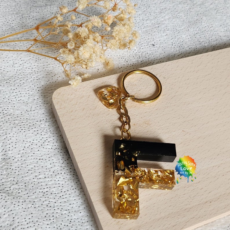 Personalised Black-gold Initial Resin Keyring Custom Letter - Etsy