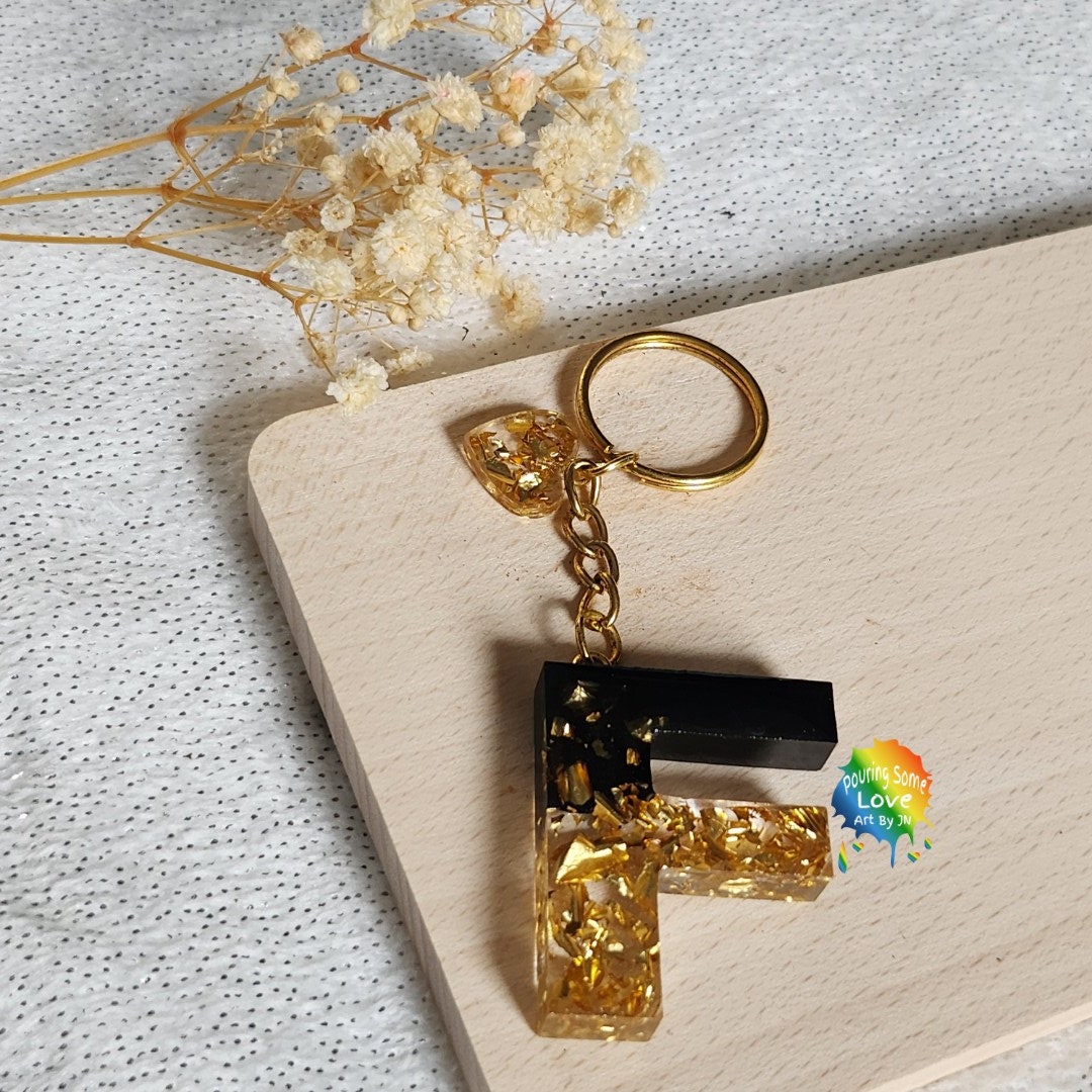 Personalised Black-gold Initial Resin Keyring Custom Letter - Etsy