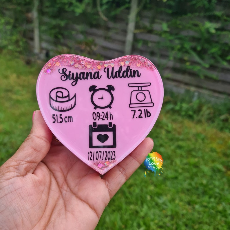 Personalised Birth Stat Resin Heart, Birth Keepsake, Information ...