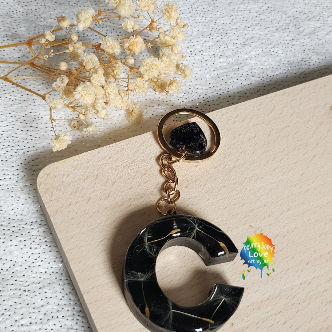 Personalised Dandelion Seed Initial Resin Keyring, Custom Letter Resin ...
