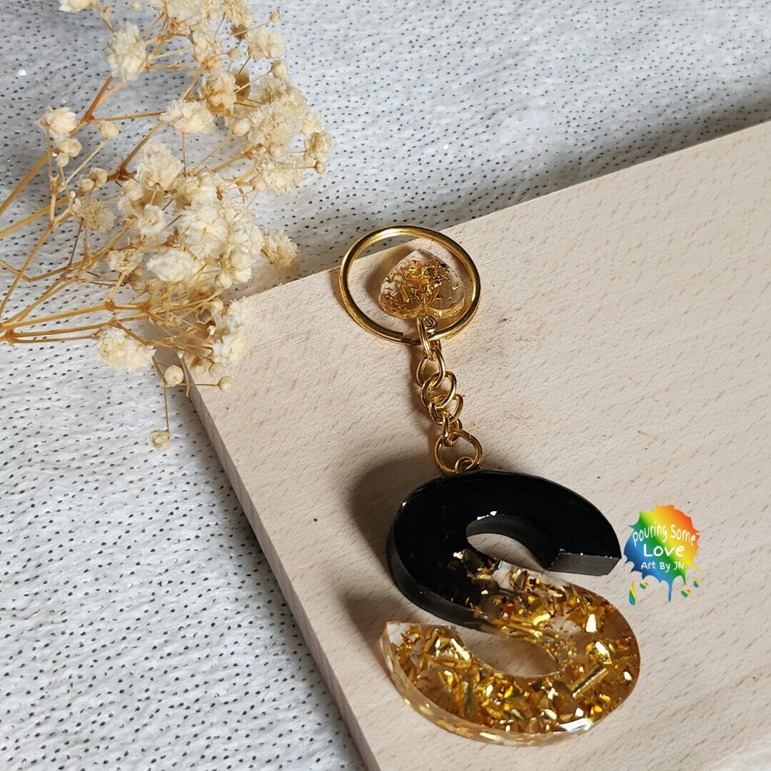 Personalised Black-gold Initial Resin Keyring, Custom Letter Resin ...