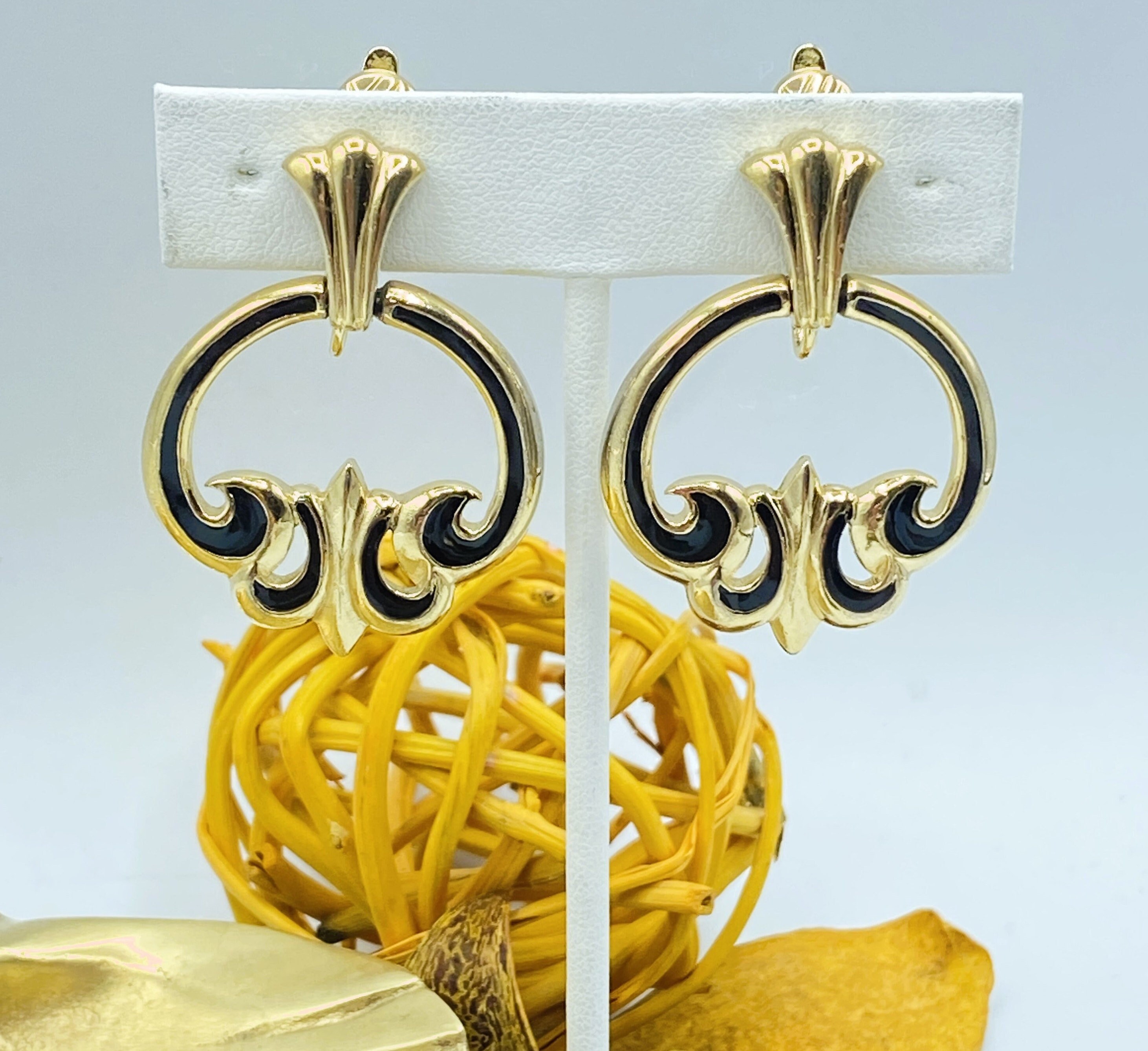 Vintage Trifari Gold Tone and Black Hoop Door Knocker Earrings, Trifari ...