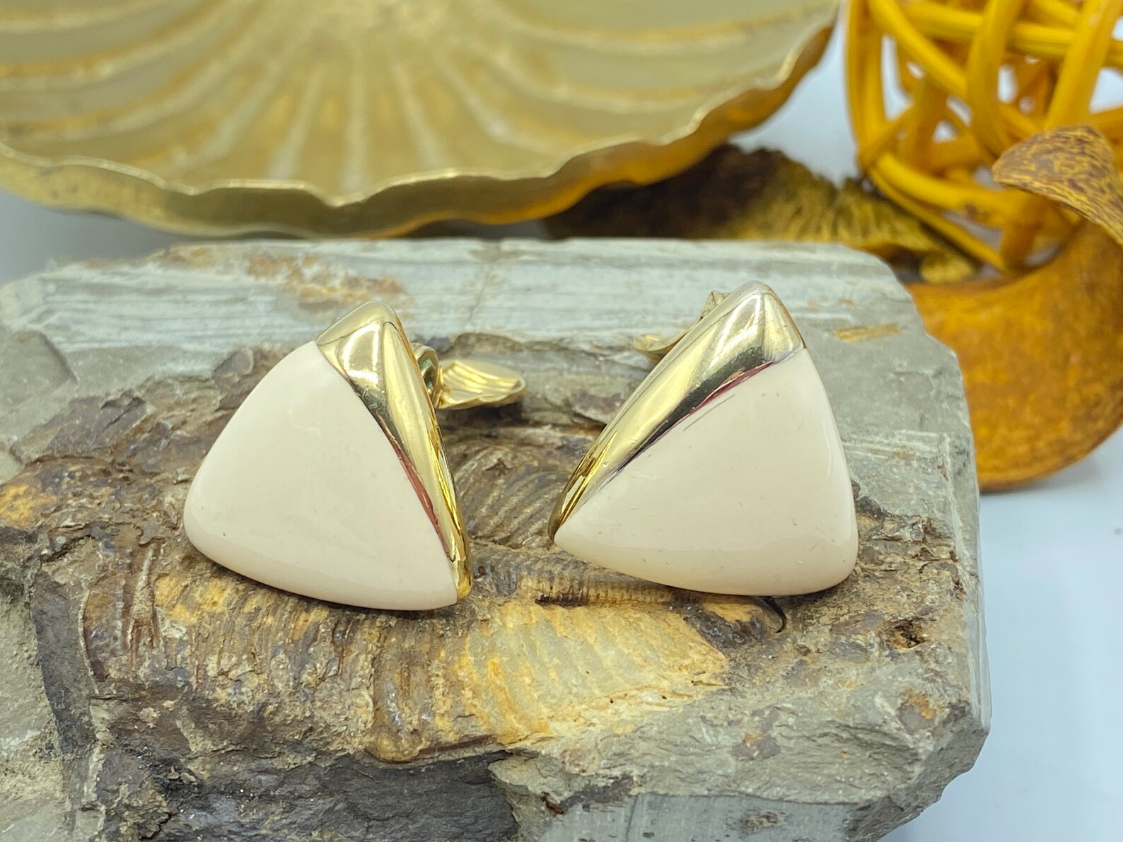 Monet Ivory Enamel and Gold Tone Earrings, Clip on Earrings, Vintage ...