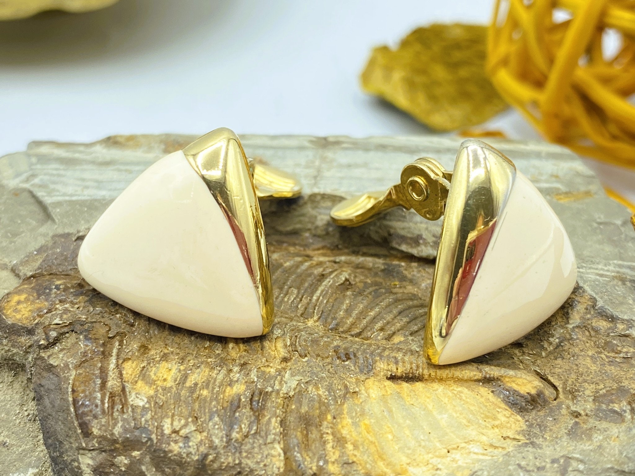 Monet Ivory Enamel and Gold Tone Earrings, Clip on Earrings, Vintage ...