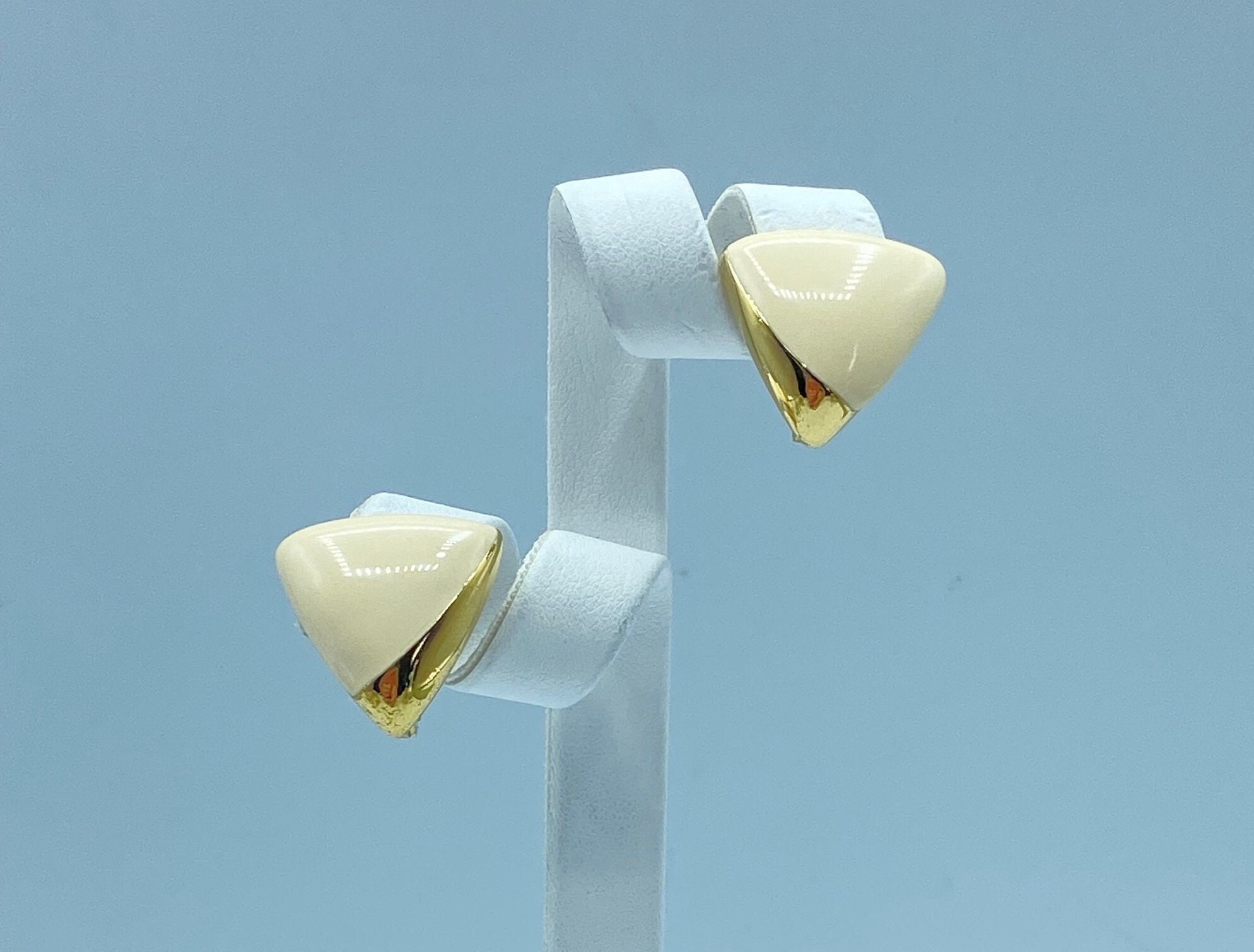 Monet Ivory Enamel and Gold Tone Earrings, Clip on Earrings, Vintage ...