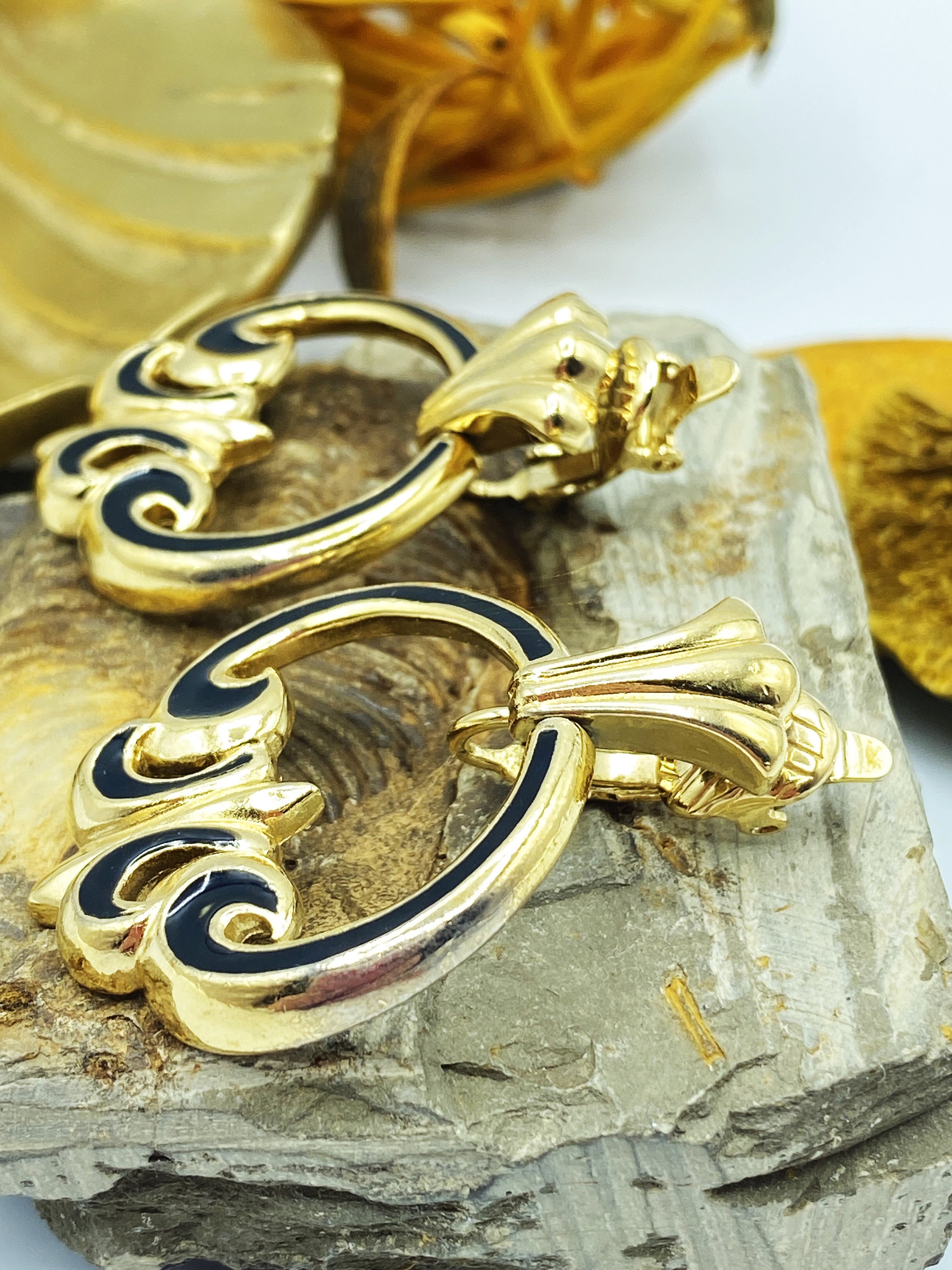 Vintage Trifari Gold Tone and Black Hoop Door Knocker Earrings, Trifari ...