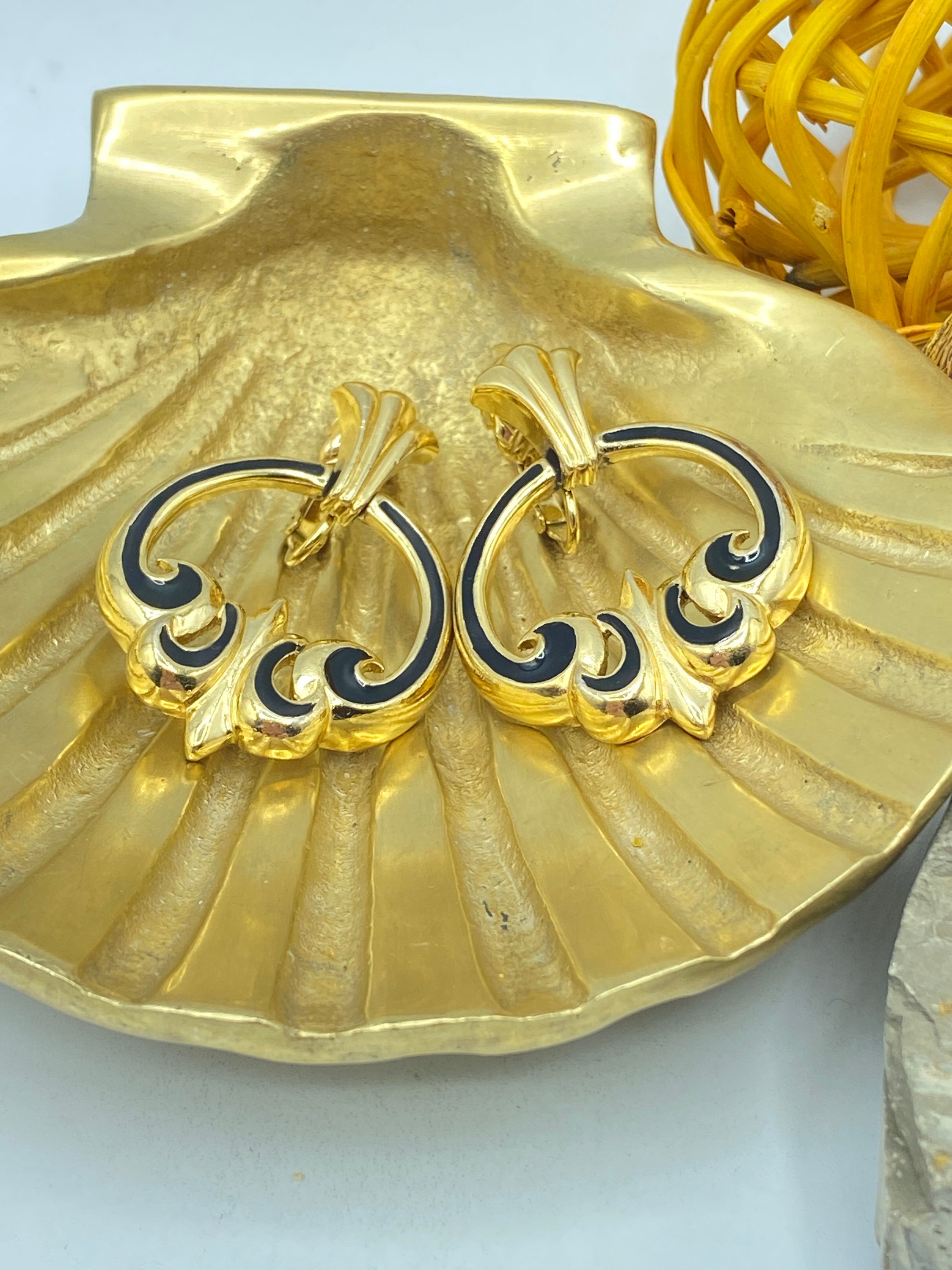 Vintage Trifari Gold Tone and Black Hoop Door Knocker Earrings, Trifari ...