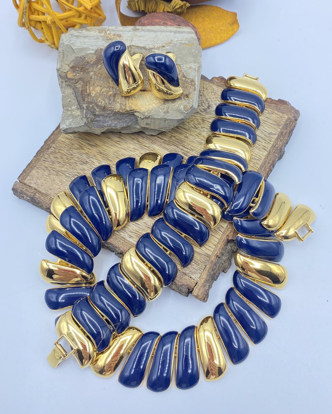 Vintage Monet Blue Enamel and Gold Parure, Chunky Monet Earrings ...