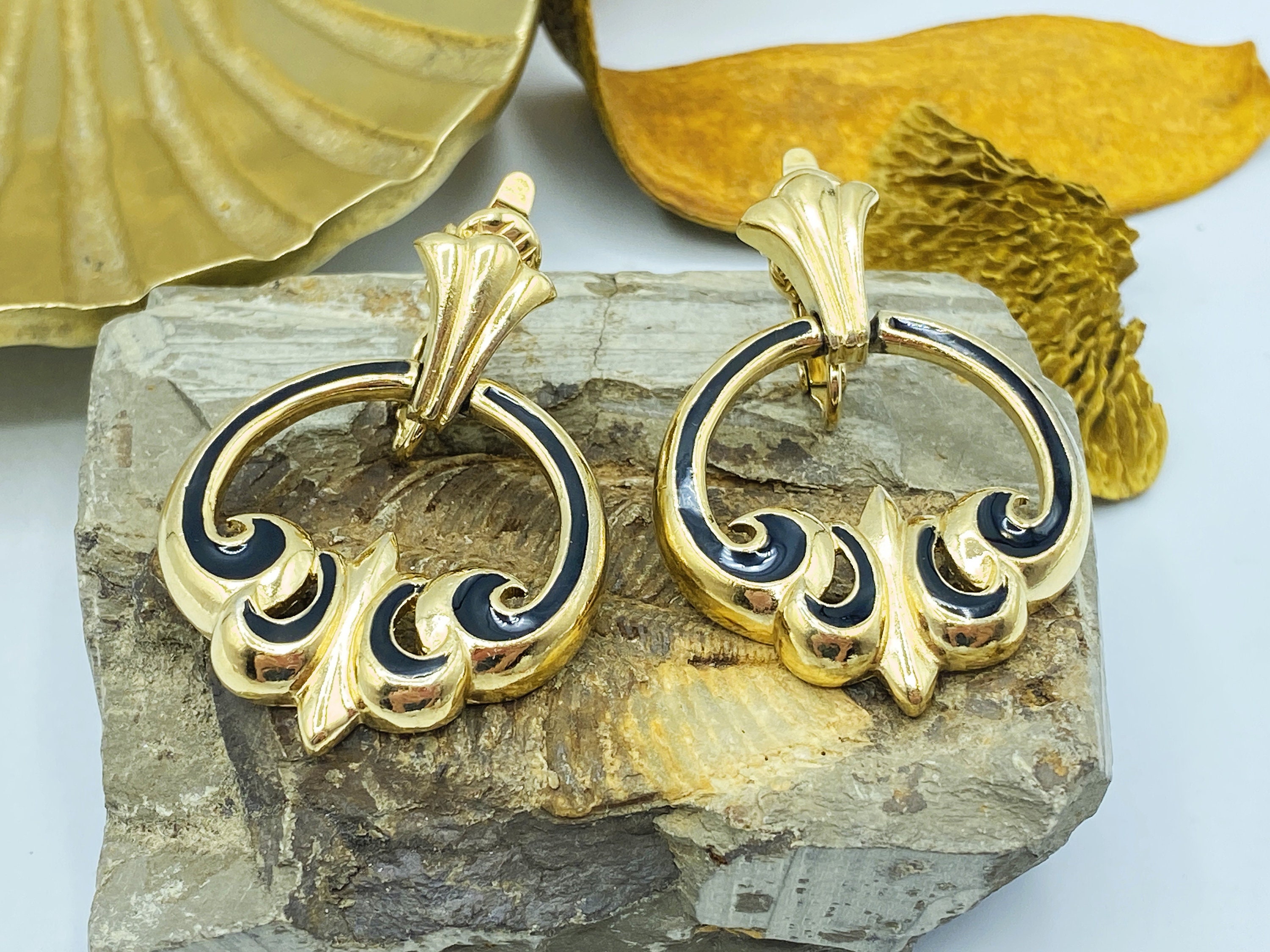 Vintage Trifari Gold Tone and Black Hoop Door Knocker Earrings, Trifari ...