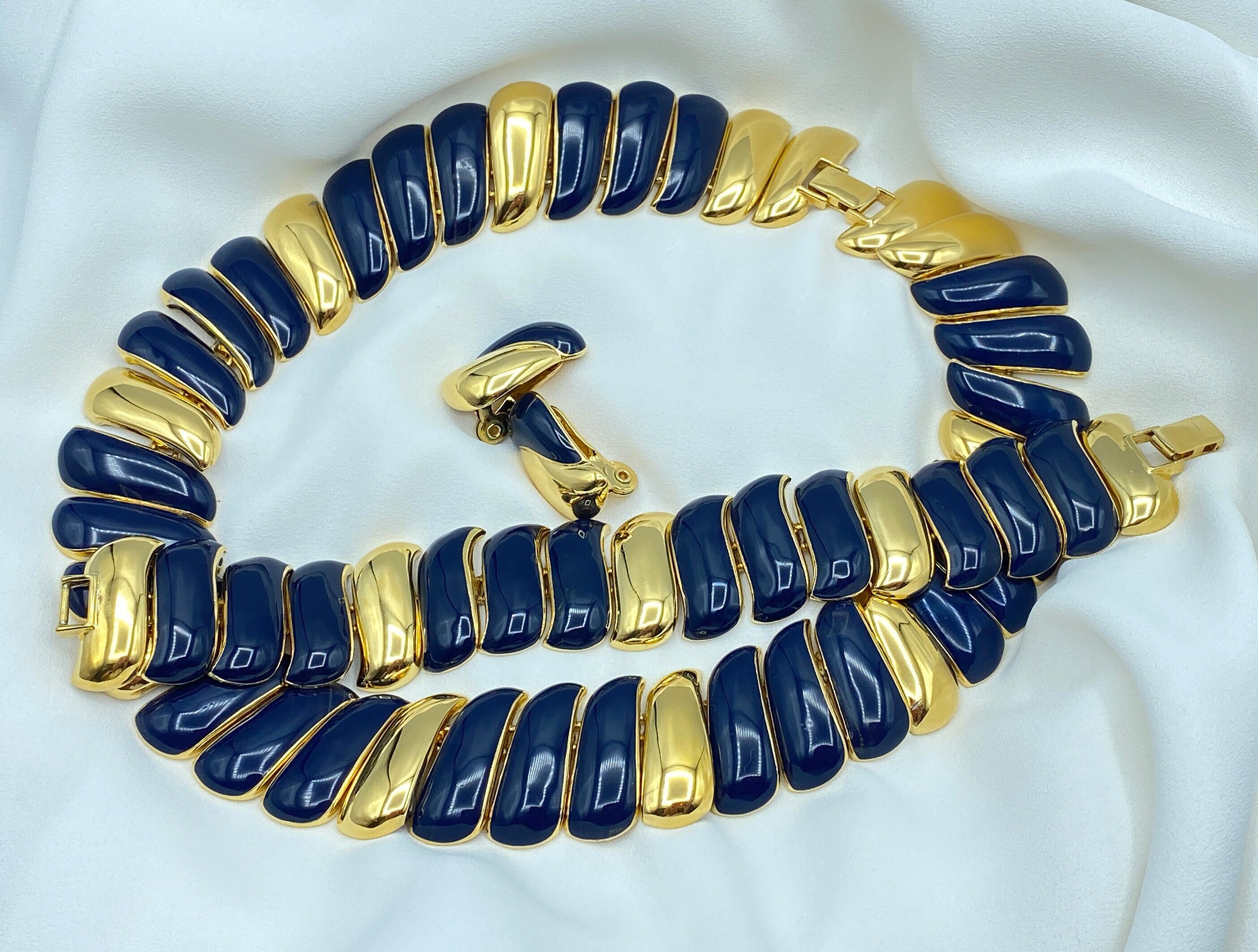 Vintage Monet Blue Enamel and Gold Parure, Chunky Monet Earrings ...