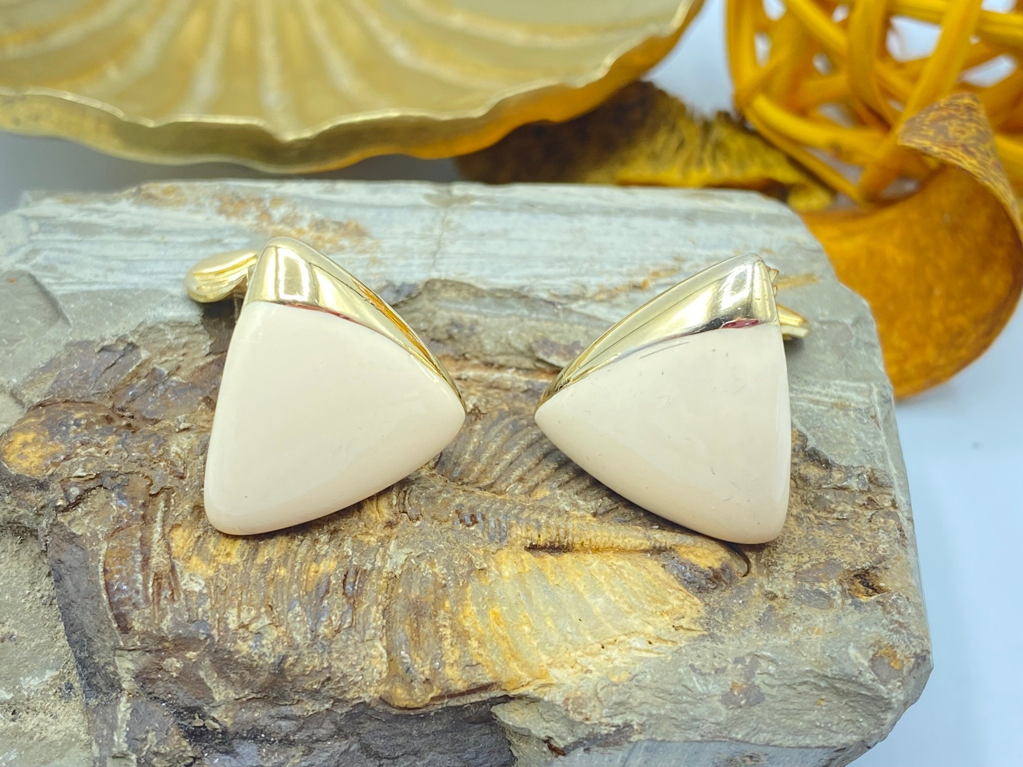 Monet Ivory Enamel and Gold Tone Earrings, Clip on Earrings, Vintage ...