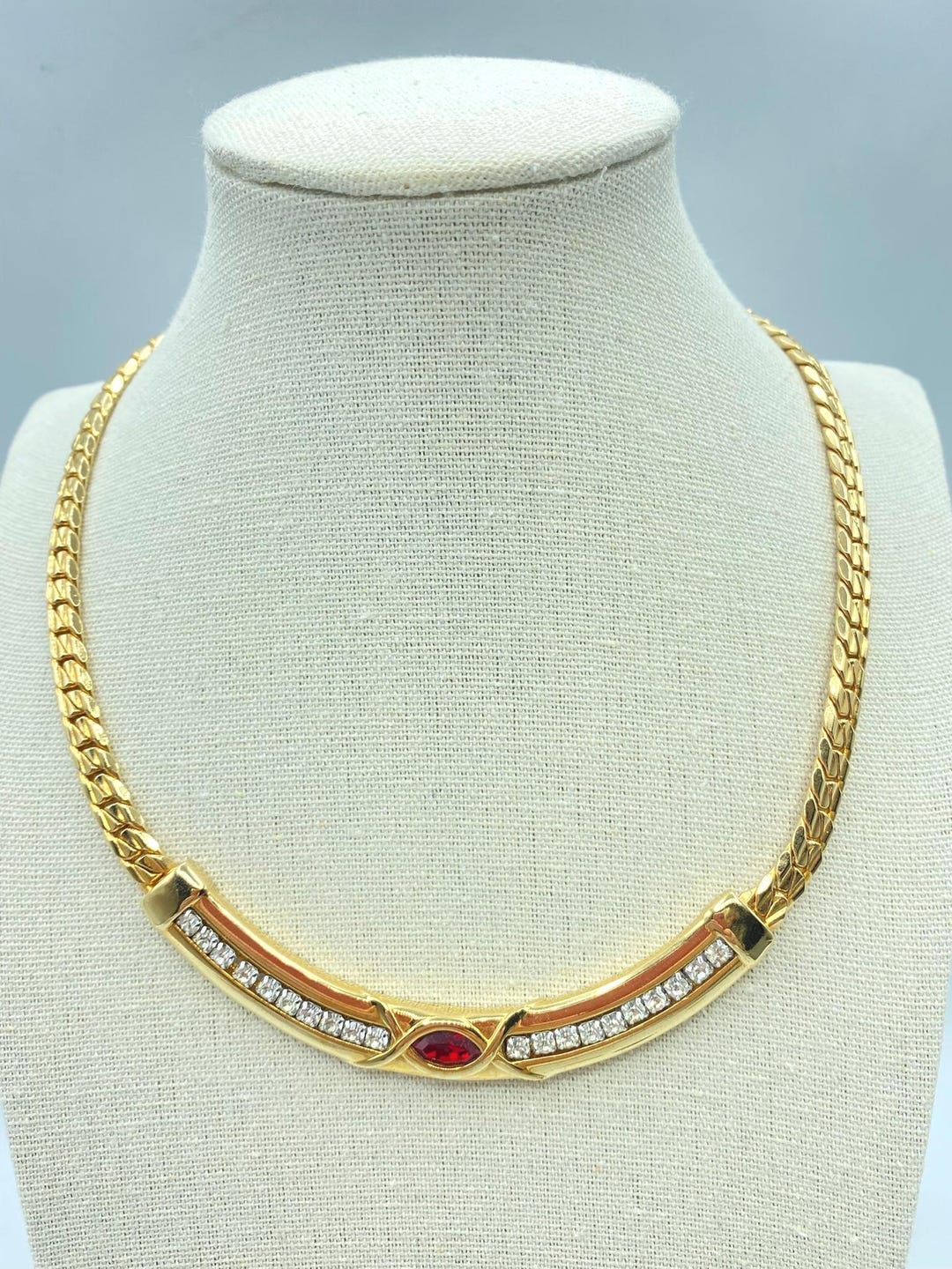 Vintage Swarovski Crystal Necklace: Gold Tone Herringbone Chain, 1980s ...
