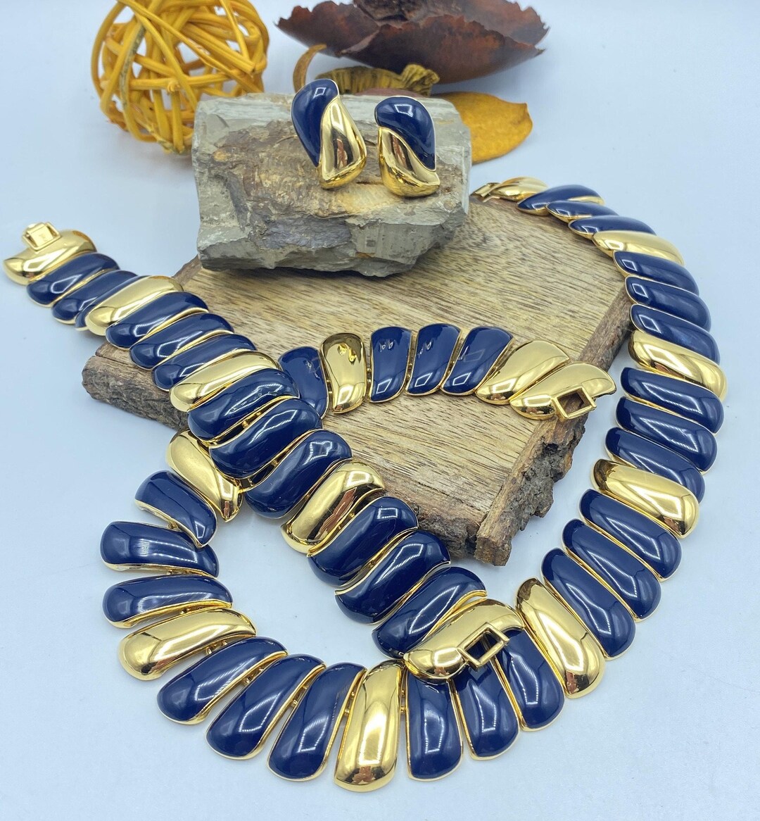 Vintage Monet Blue Enamel and Gold Parure, Chunky Monet Jewelry Set ...