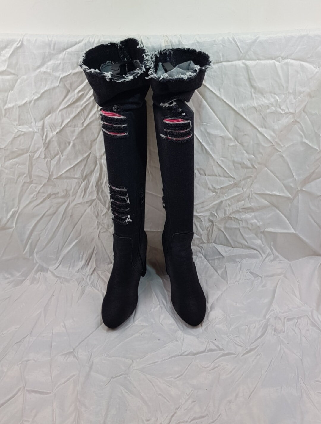 Over the Knee Boots, Denim Fabric Boots, Round Toe Thigh Boots, Larp ...
