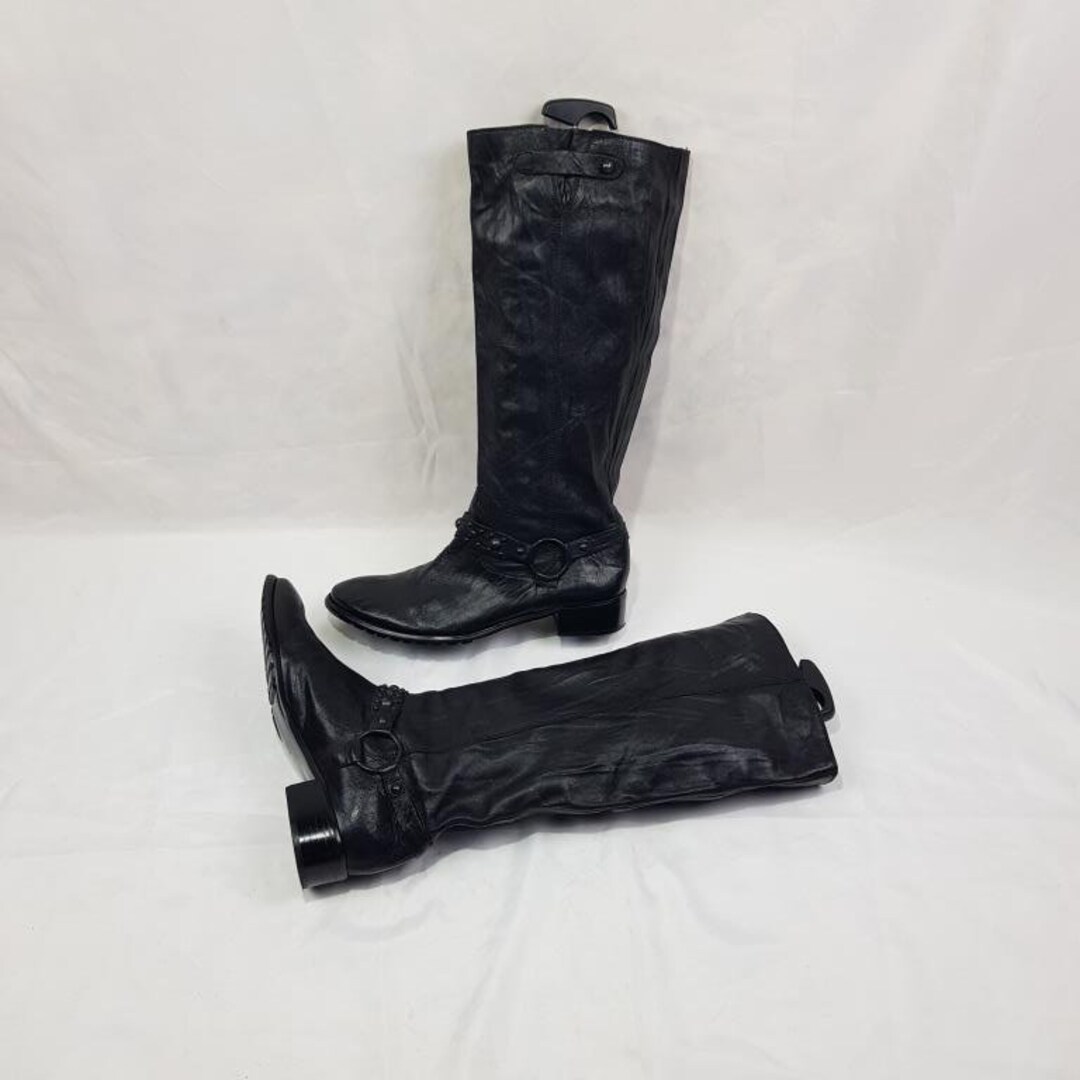 Boho Knee High Boots, Medieval Black Leather Buckle Boots Women, Riding ...