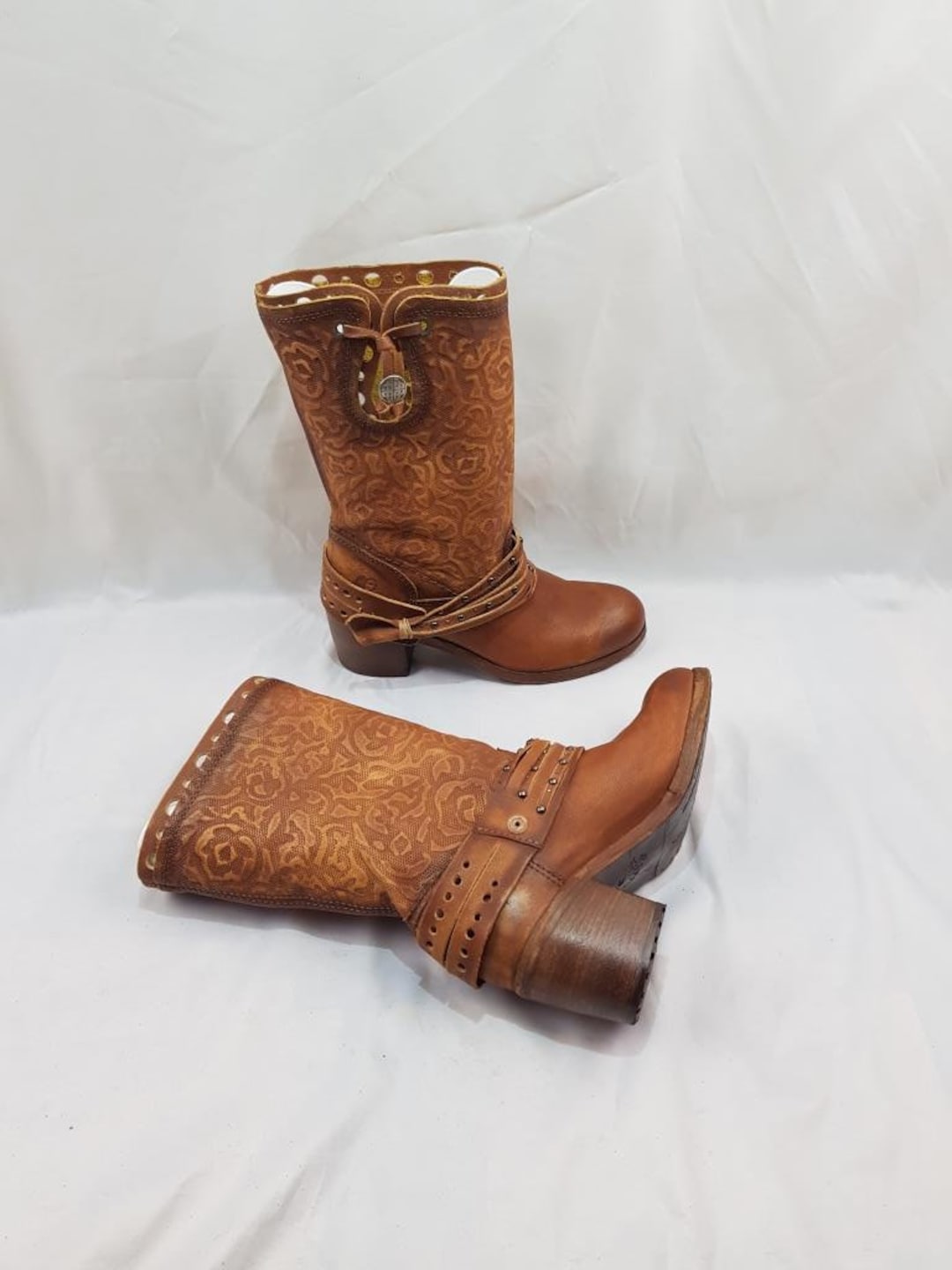 Tooled Leather Boots Block Heel Women, Y2k Mexican Shoes Women, 90s ...