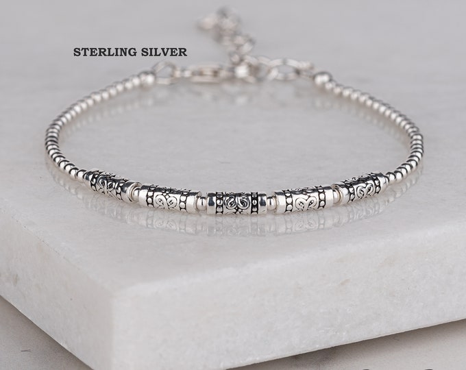 Sterling Silver Tube Bracelet, S925 Plain Silver Beaded Bracelet ...