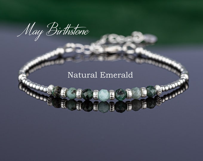 May Birthstone Bracelet, Dainty Natural Emerald Bracelet, Sterling ...