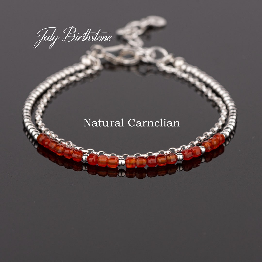 July Birthstone Bracelet, Dainty Natural Carnelian Bracelet, Sterling ...