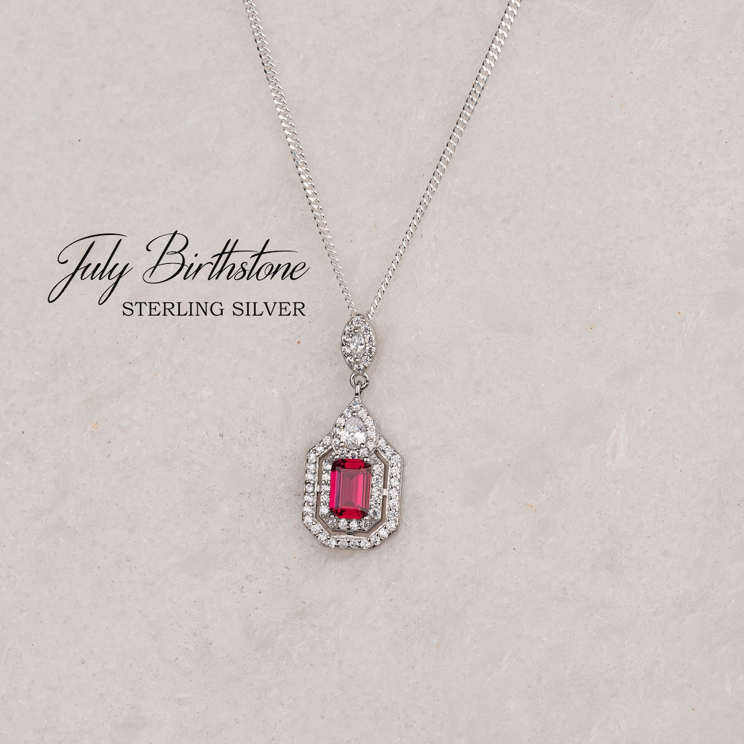 July Birthstone Necklace Sterling Silver CZ Pendant Ruby - Etsy