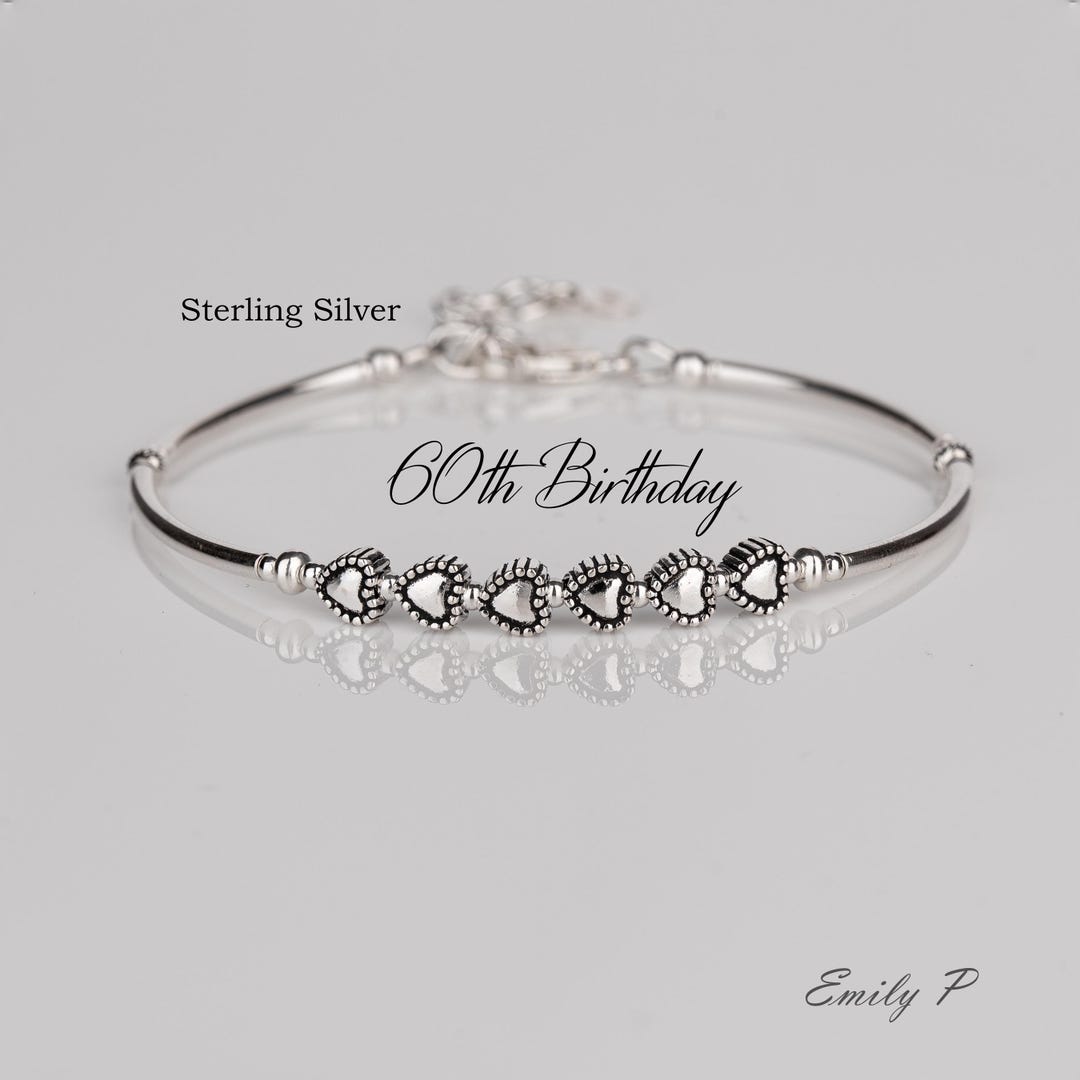 60th Birthday Gift, Sterling Silver 6 Heart Bracelet, 60th Jewellery ...