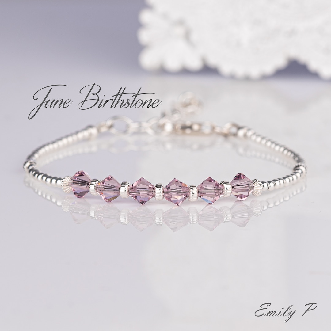 June Birthstone Bracelet, Light Amethyst Swarovski Crystals, Sterling ...