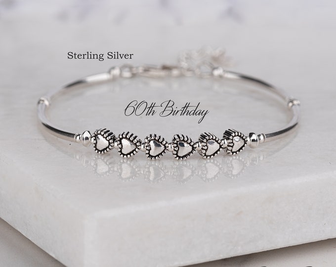 60th Birthday Gift, Sterling Silver 6 Heart Bracelet, 60th Jewellery ...