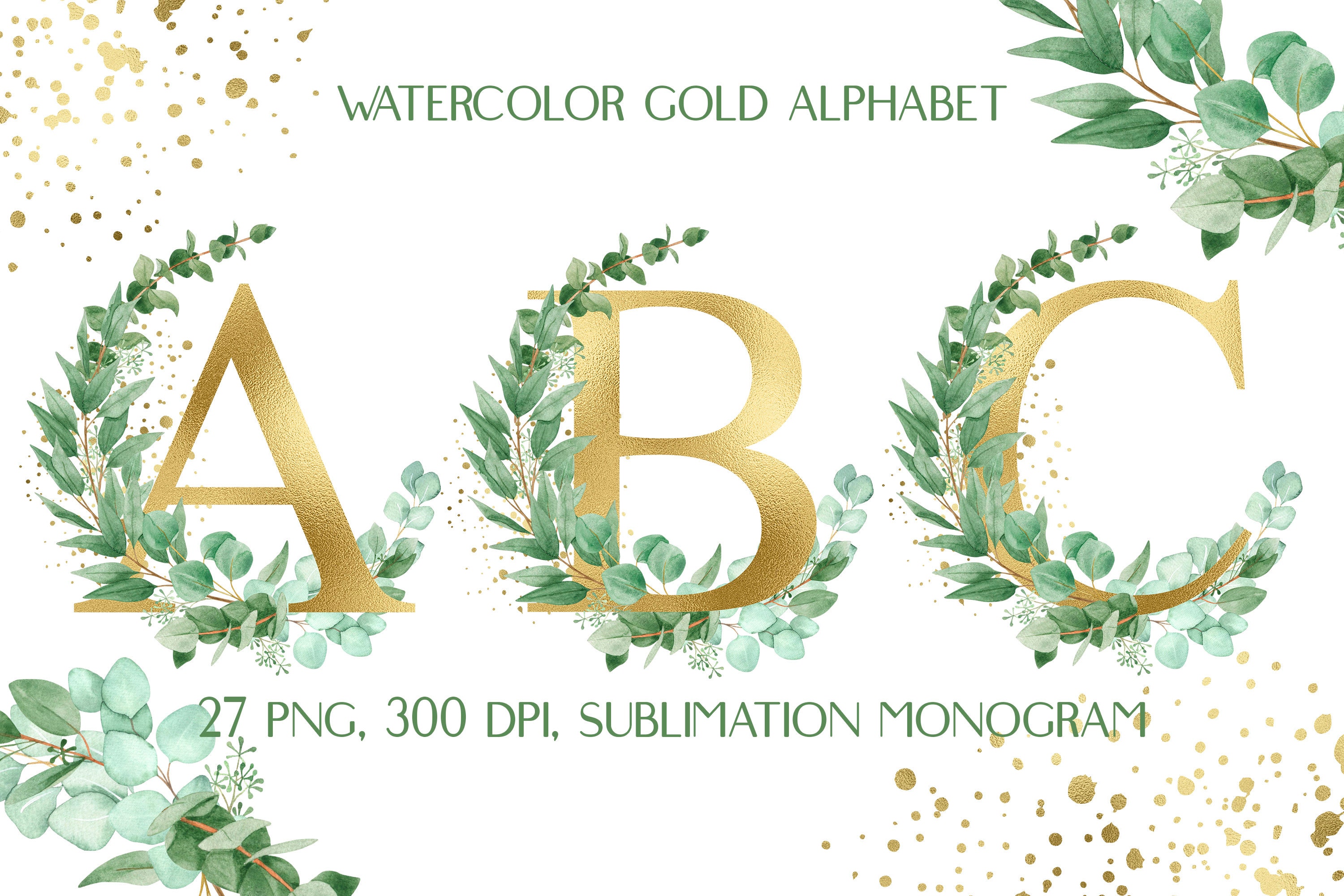 Watercolor Eucalyptus Gold Alphabet Eucalyptus Monogram Clip | Etsy