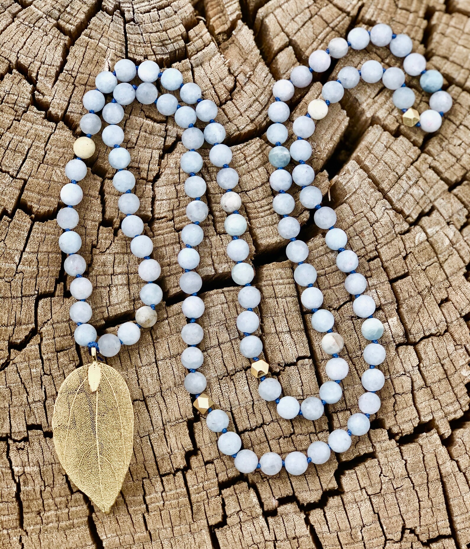 Gold Leaf Mala-hand Knotted Genuine Gemstone Aquamarine Mala With Gold ...