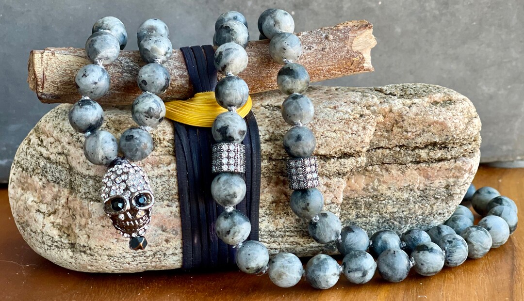 Larvikite Skull Mala-mano anudada piedra preciosa genuina - Etsy España