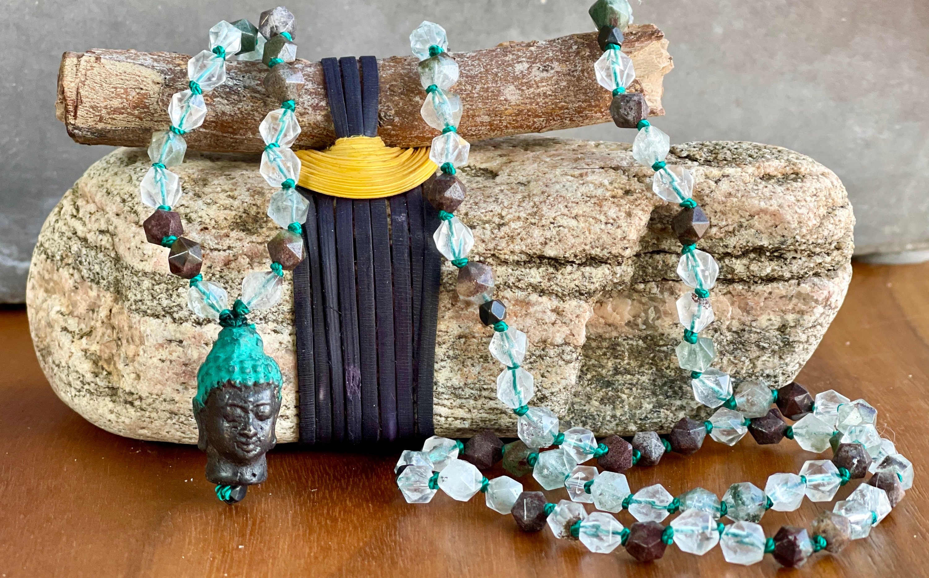 Garden Buddha Mala-hand Knotted Mala With Genuine Green Lodalite garden ...