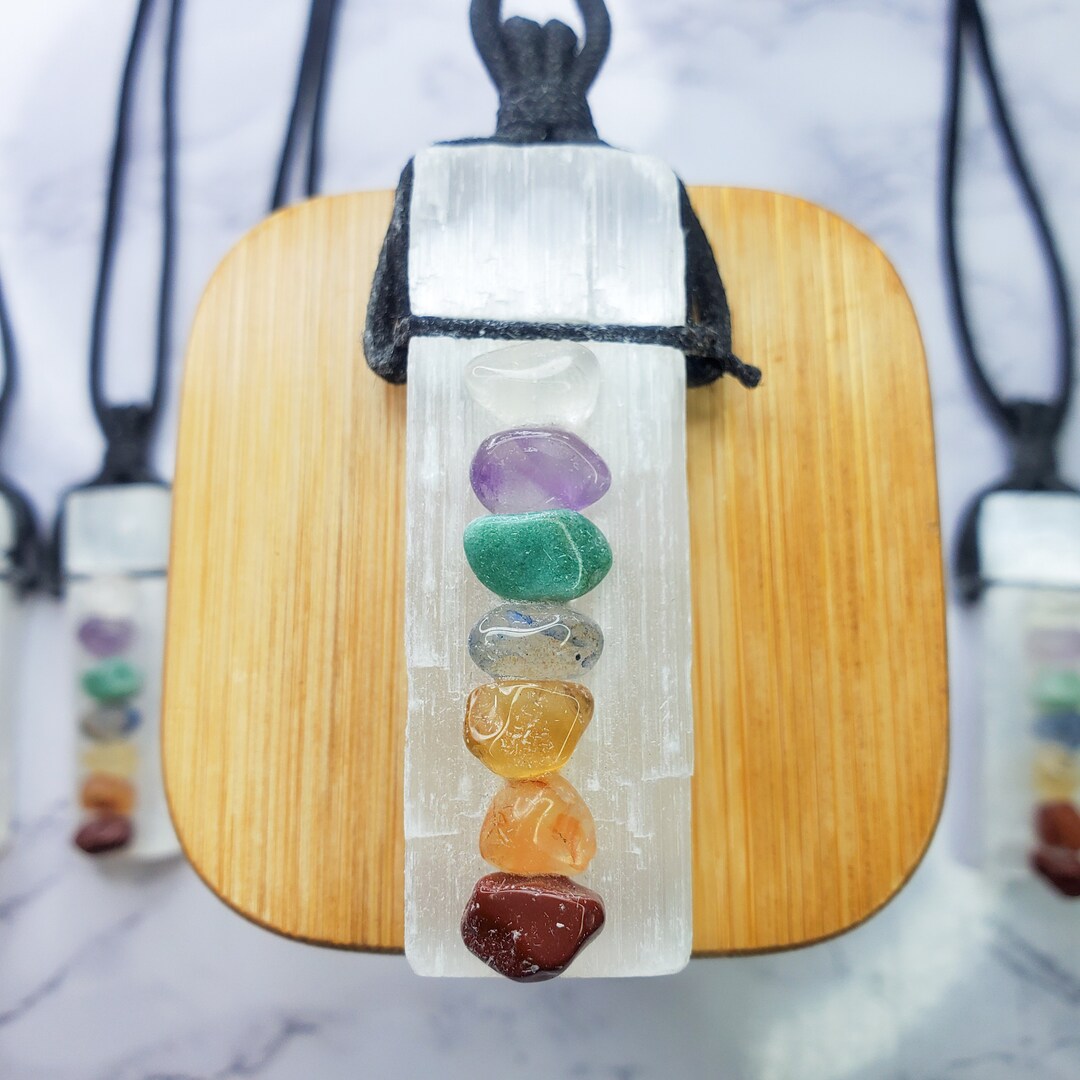 7 Chakra Selenite Necklace Selenite Cord Necklace Raw Selenite Necklace ...